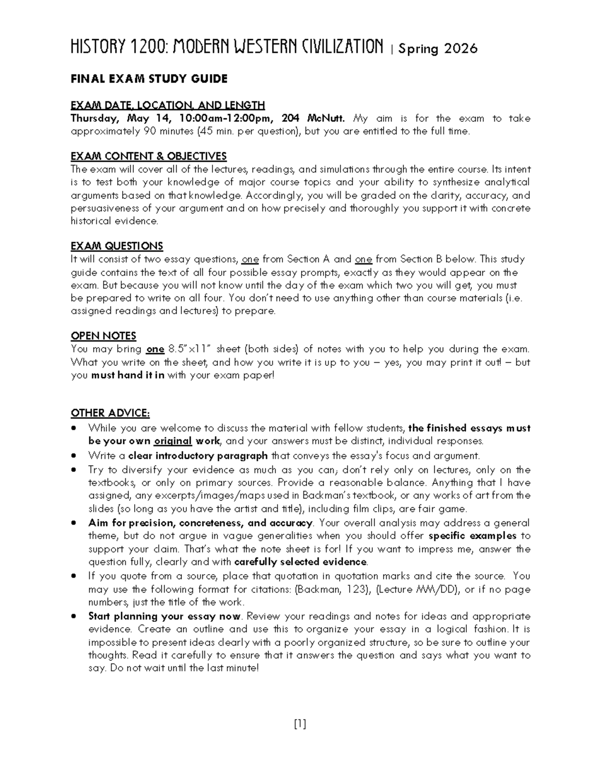 HISTORY 1200 S26 Final Exam Study Guide: Key Topics & Tips - Studocu