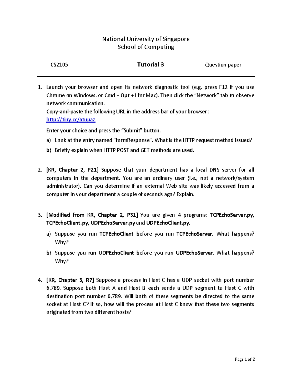 CS2105 Tutorial 3 Questions - Network Communication & Sockets - Studocu