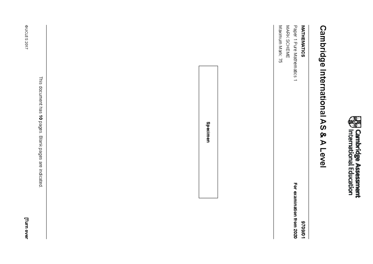 Cambridge International AS A Level 9709 Paper 1 Pure Math Mark Scheme ...