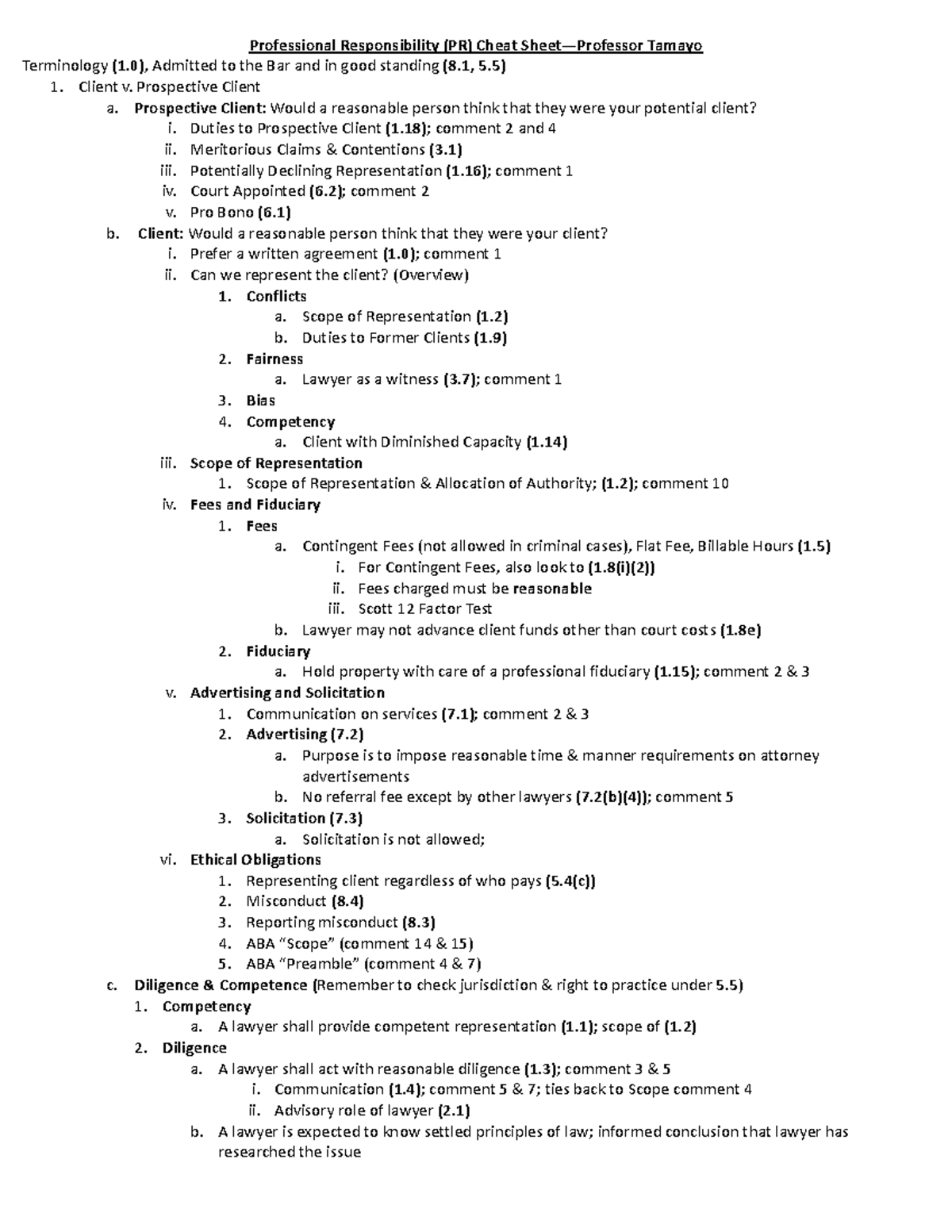 PR Professional Responsibility Final Exam Cheat Sheet - Prof. Tamayo ...
