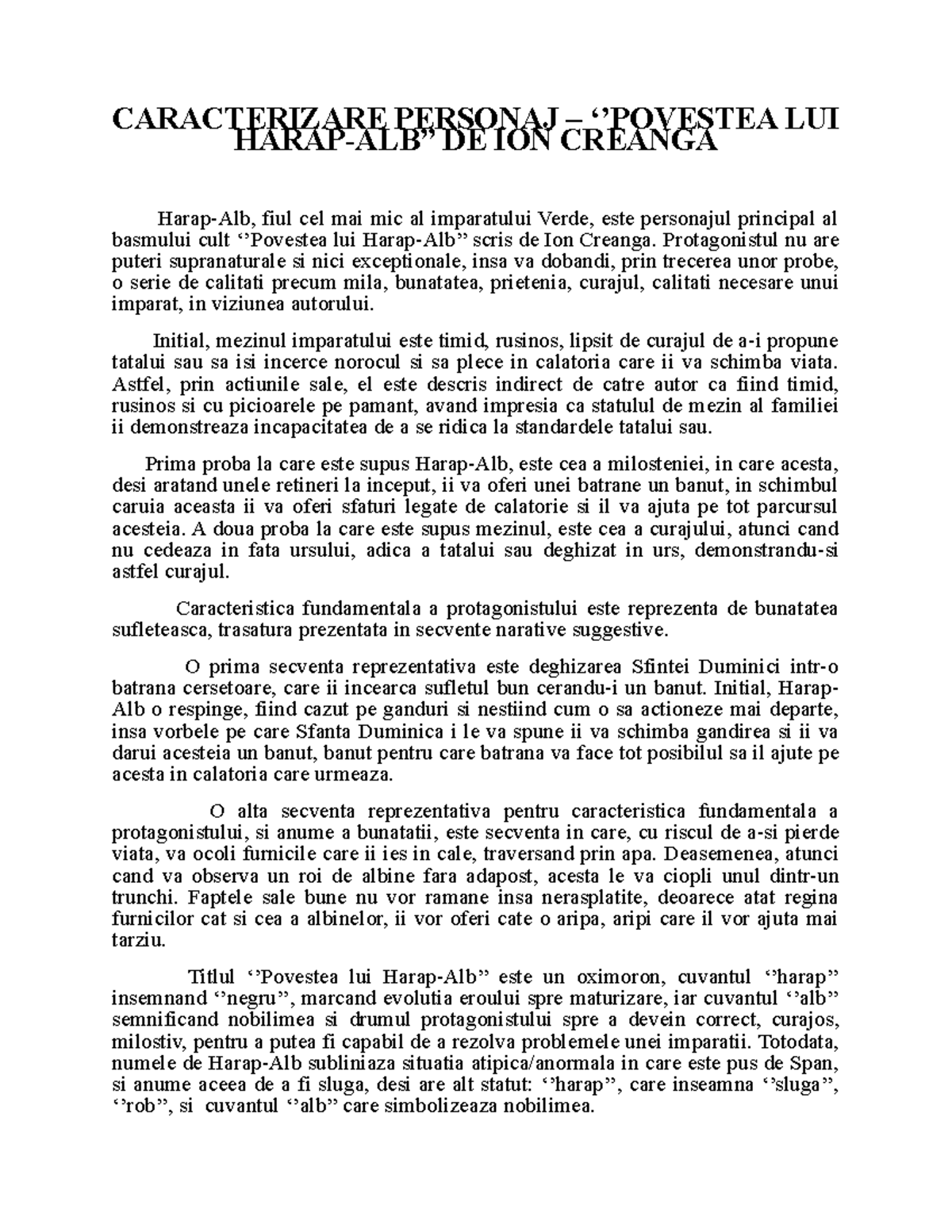 Caracterizare Personaj: Harap-Alb în Basmul lui Ion Creangă - Studocu