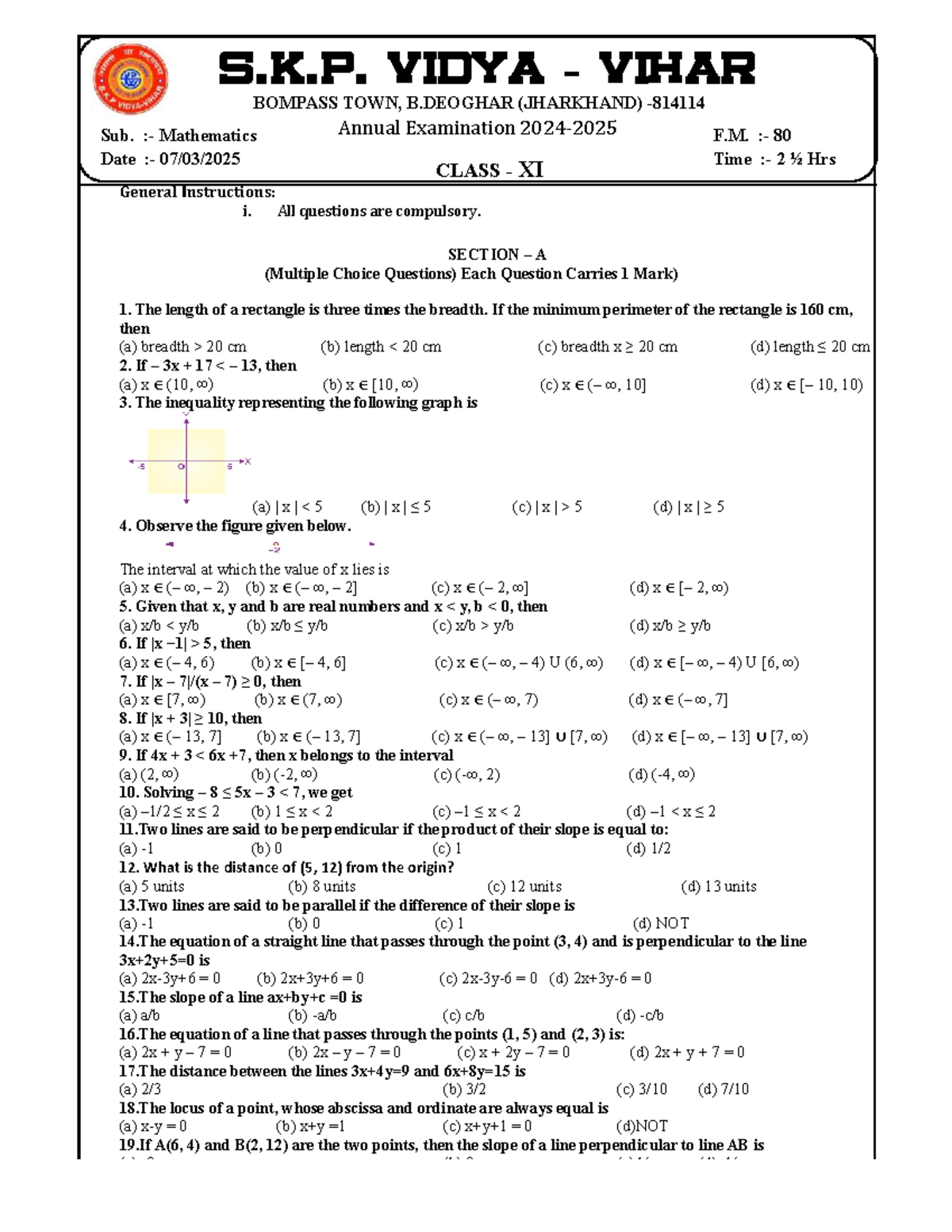 XI Mathematics Annual Exam Question Paper - 80 Marks - Studocu