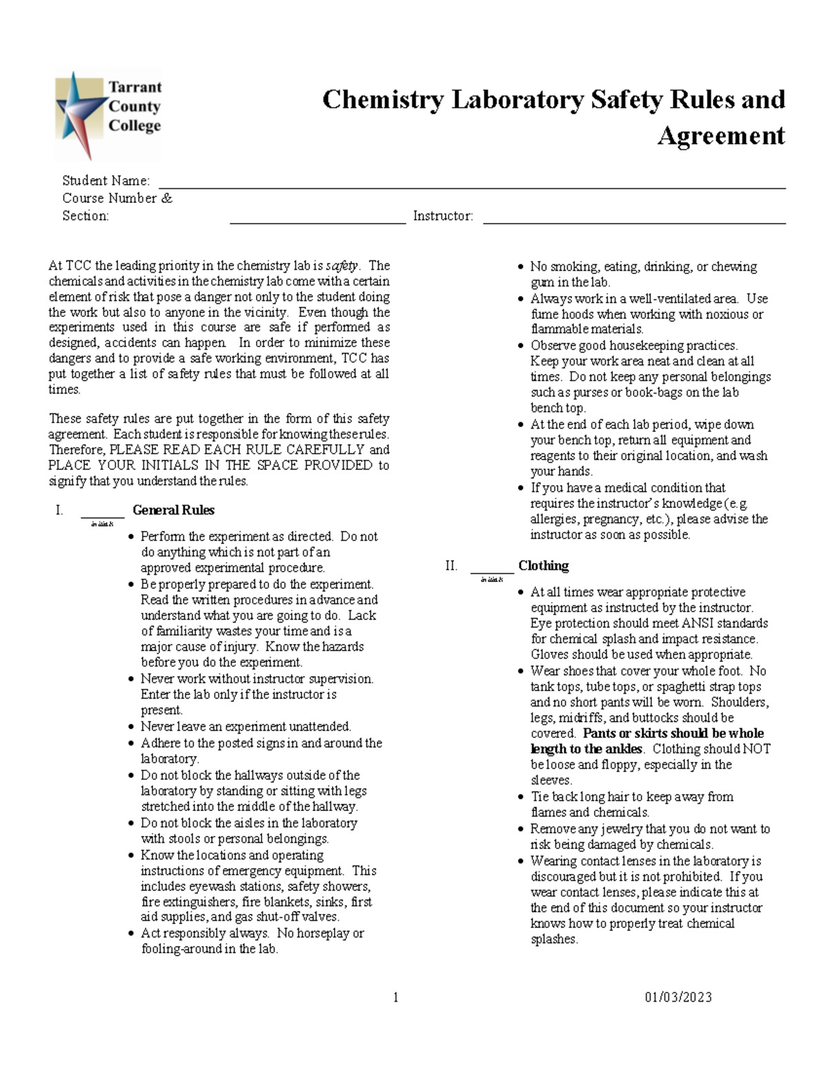 TCCD Chemistry Lab Safety Rules and Agreement Document - Studocu