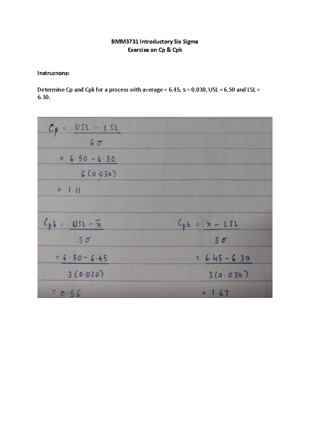 BMM3731 Exercise on Cp, Cpk - Introductory Six Sigma - BMM3731 ...