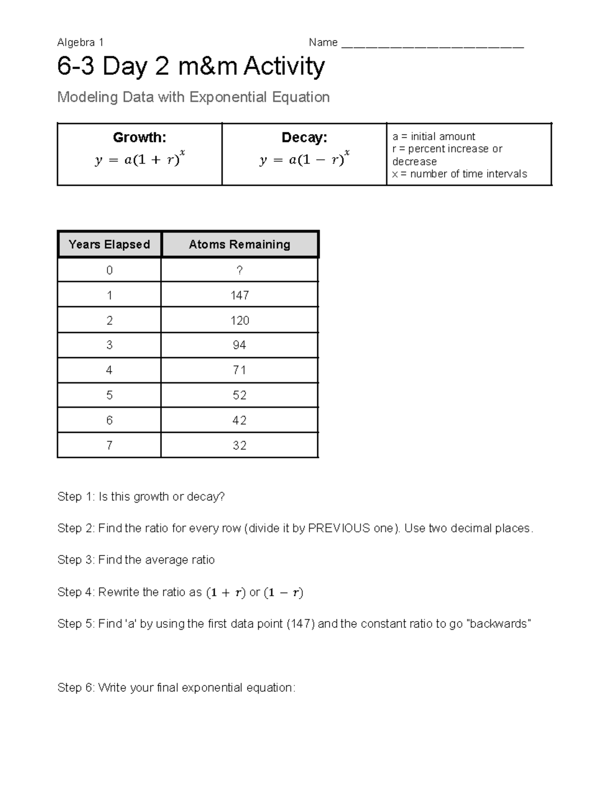 Algebra 1 6-3 Day 2 Activity: Modeling Exponential Growth & Decay - Studocu