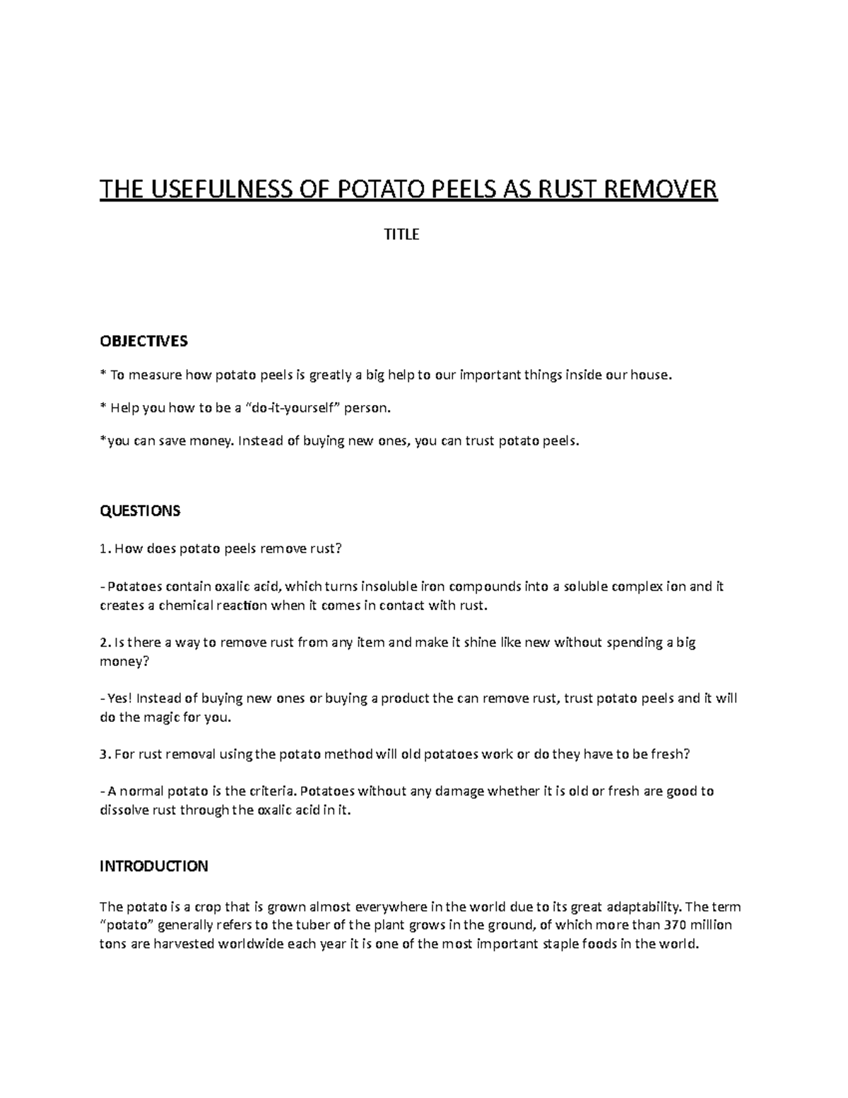 Potato Peels as an Eco-Friendly Rust Remover: A Home DIY Guide - Studocu