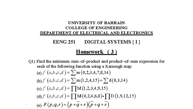 EENG 251 Digital Systems I Homework 3: Karnaugh Map Solutions - Studocu