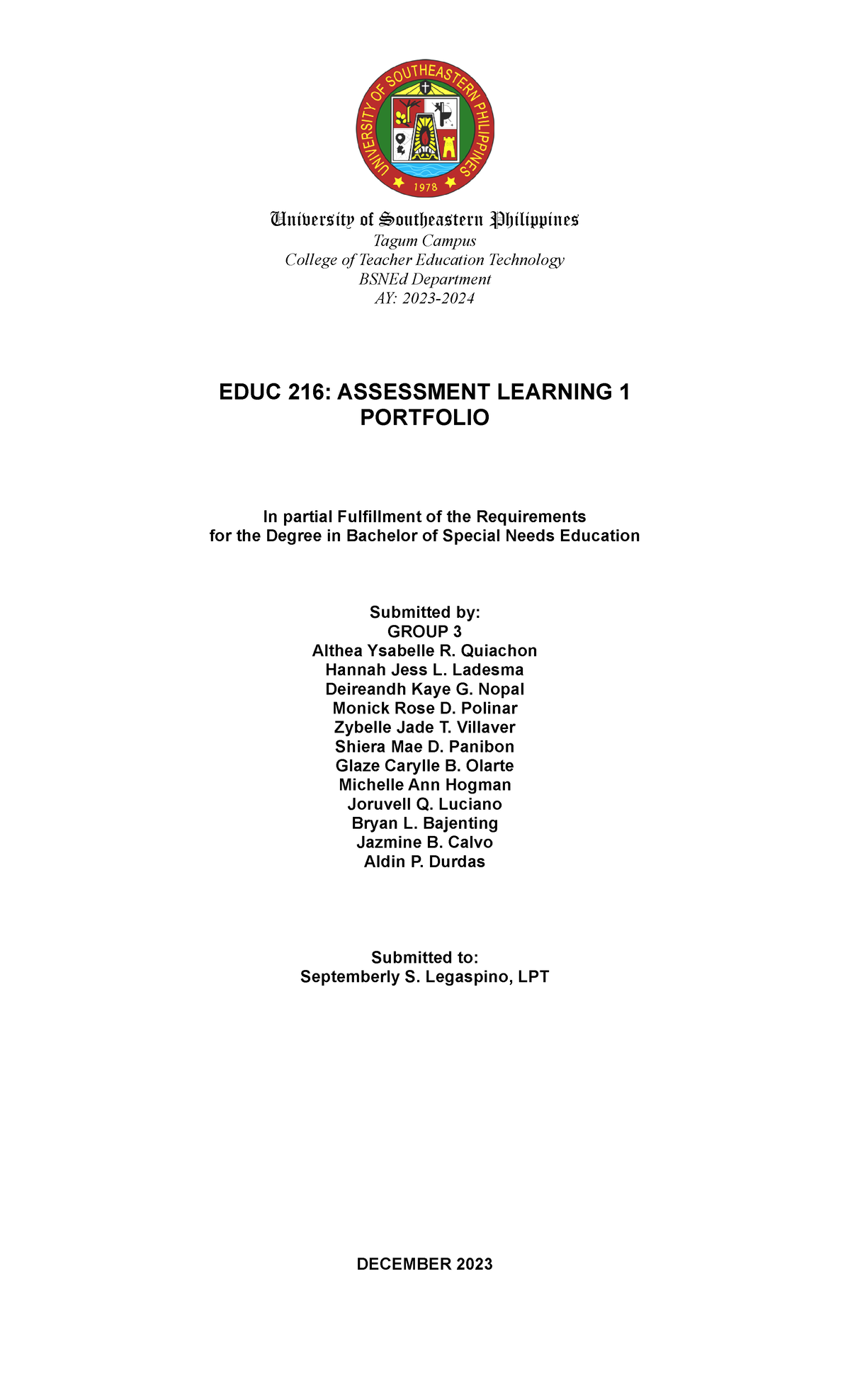 Group 3 - EDUC216A Assessment Learning Portfolio Submission - Studocu