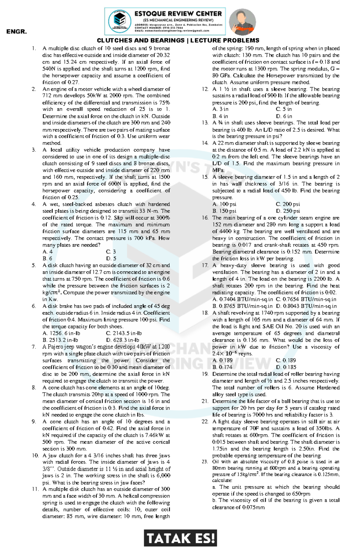 CLUTCHES AND BEARINGS LECTURE PROBLEMS (ENGR 101) - Studocu