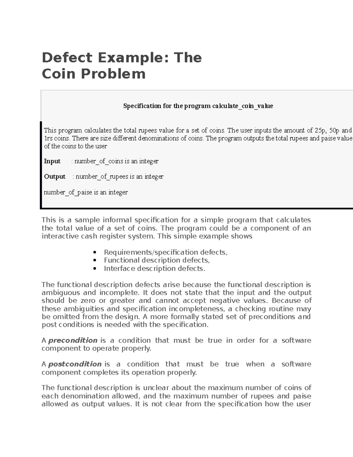 Defect Analysis in Coin Problem: Defects & Design Overview - Studocu