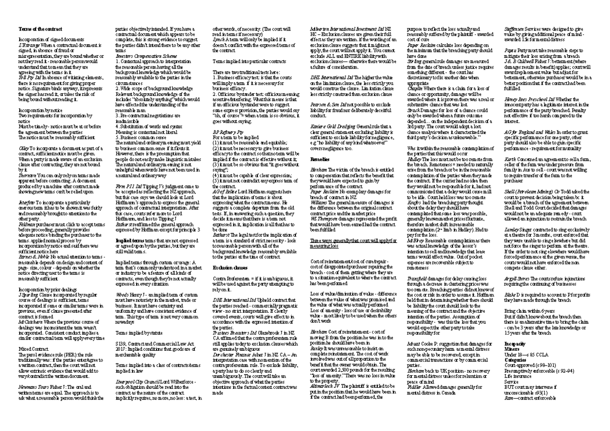 Contract Cheat Sheet: Key Principles for Final Exam (LAW 101) - Studocu