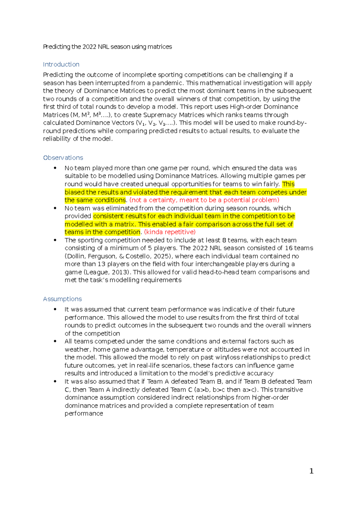 Predicting the 2022 NRL Season Outcomes Using Dominance Matrices (FA2 ...