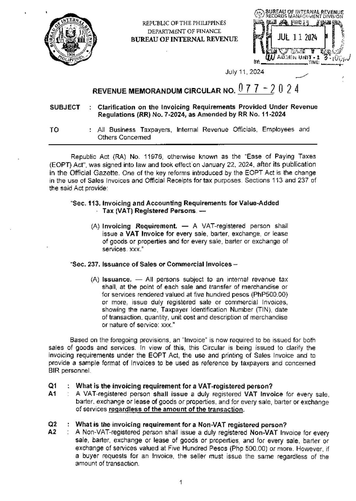 RMC No. 77-2024: Clarifications on RA No. 11976 - Ease of Paying Taxes ...