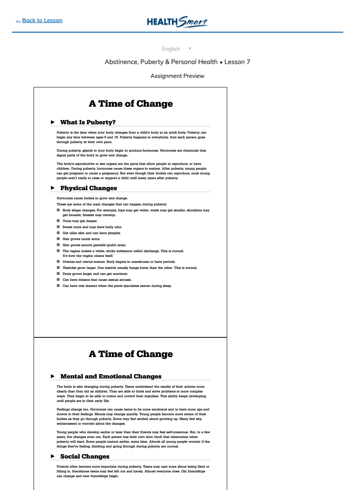 English 7: A Time of Change - Puberty and Personal Health Notes - Studocu