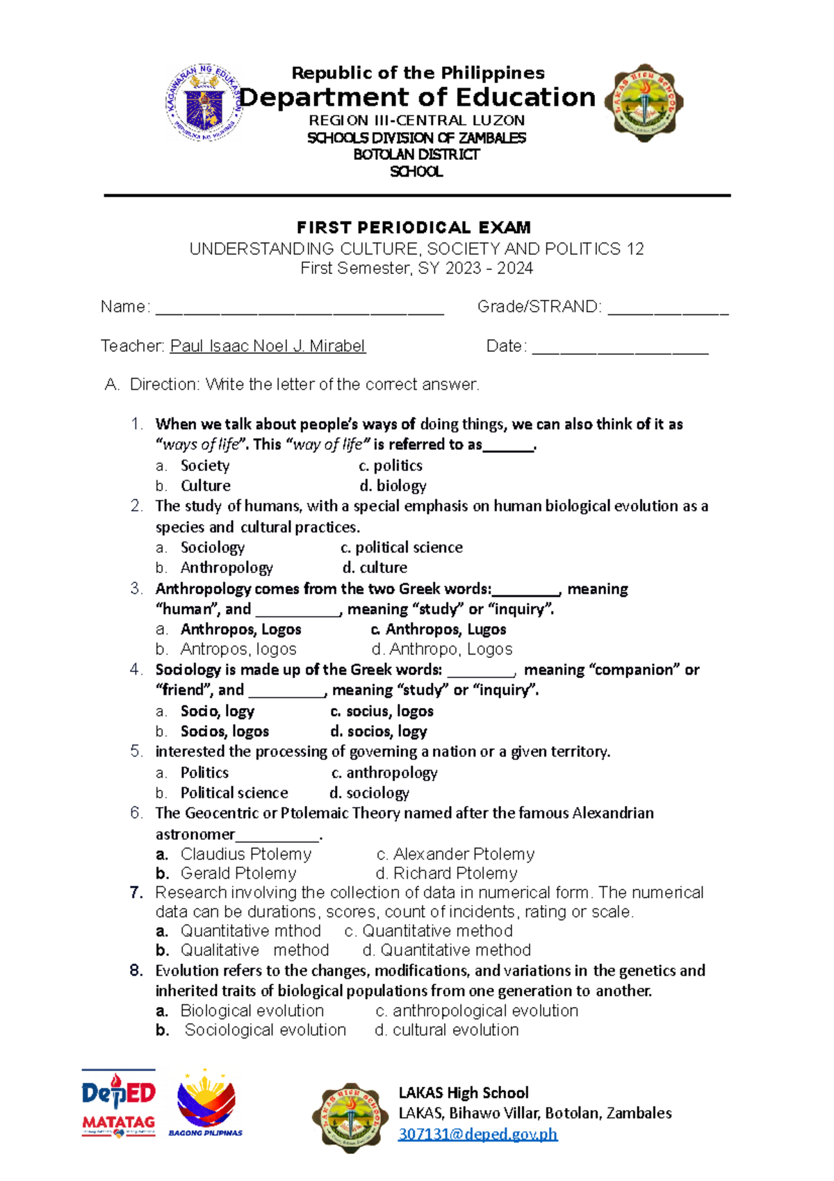 Grade 12 UCSP exam 2023 - good - Department of Education REGION III ...