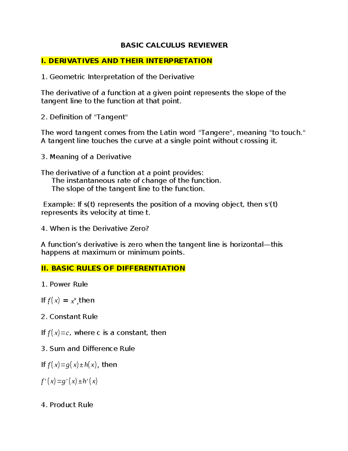 BASIC CALCULUS REVIEWER I: DERIVATIVES & APPLICATIONS Q4-Bas Cal - Studocu