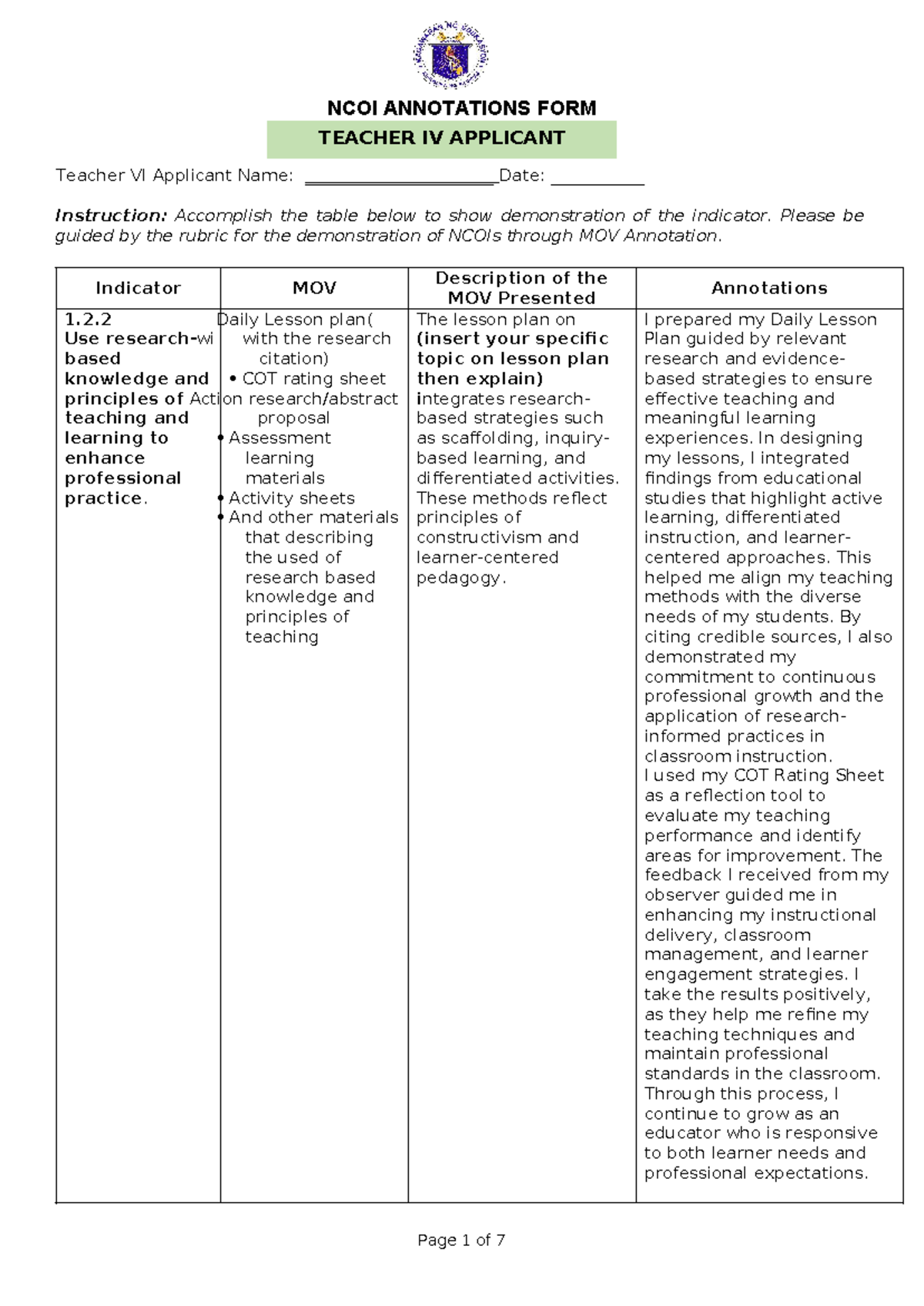 NCOI ANNOTATIONS FORM TEACHER IV APPLICANT T4: Demonstrating Effective ...