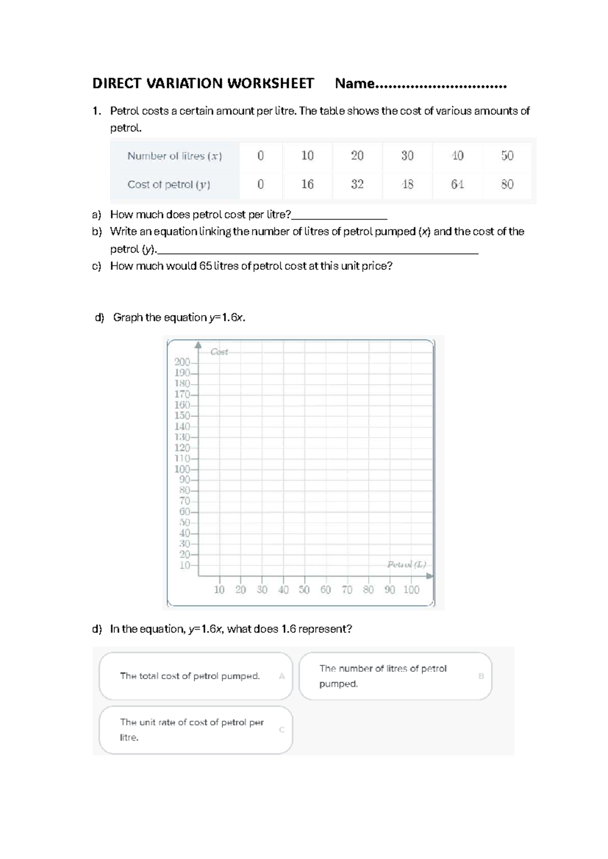 Direct Variation Worksheet: Graphs of Proportional Relationships - Studocu