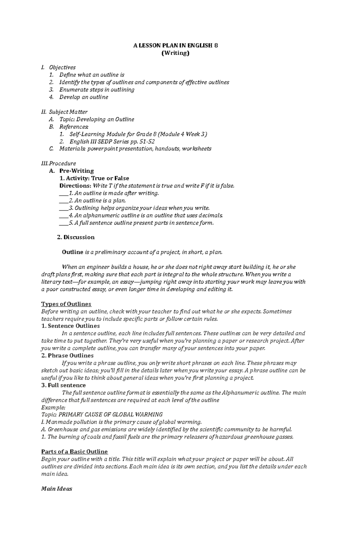 CO 1-LP-Effective Outline Development for English 8 Lesson Plan - Studocu