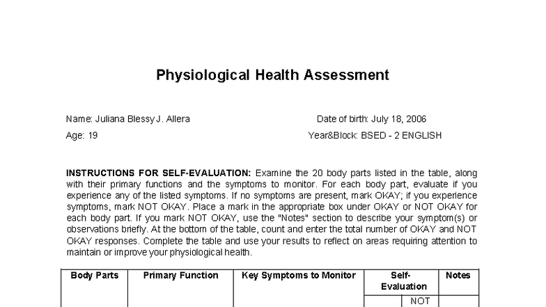 BSED 2 Physiological Health & Homeostasis Assessment Report - Studocu