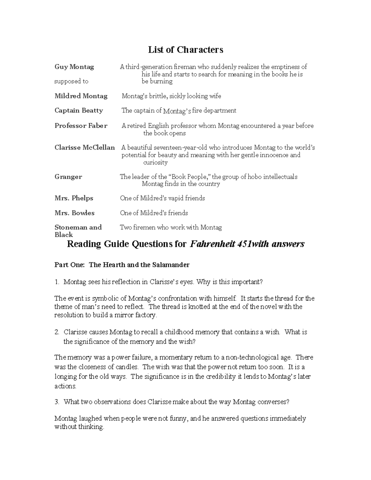Fahrenheit 451 Character List & Study Qs with Answers - Studocu