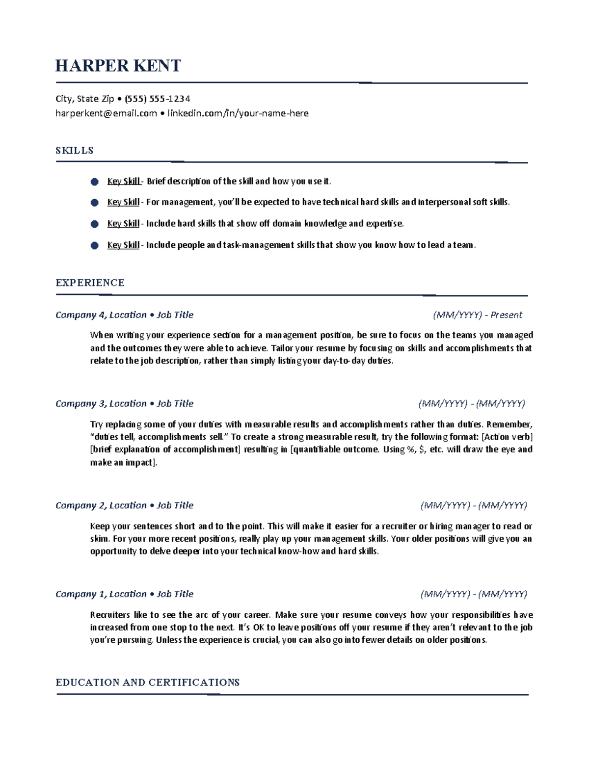 Professional Management Resume Template - HARPER KENT City, State Zip ...