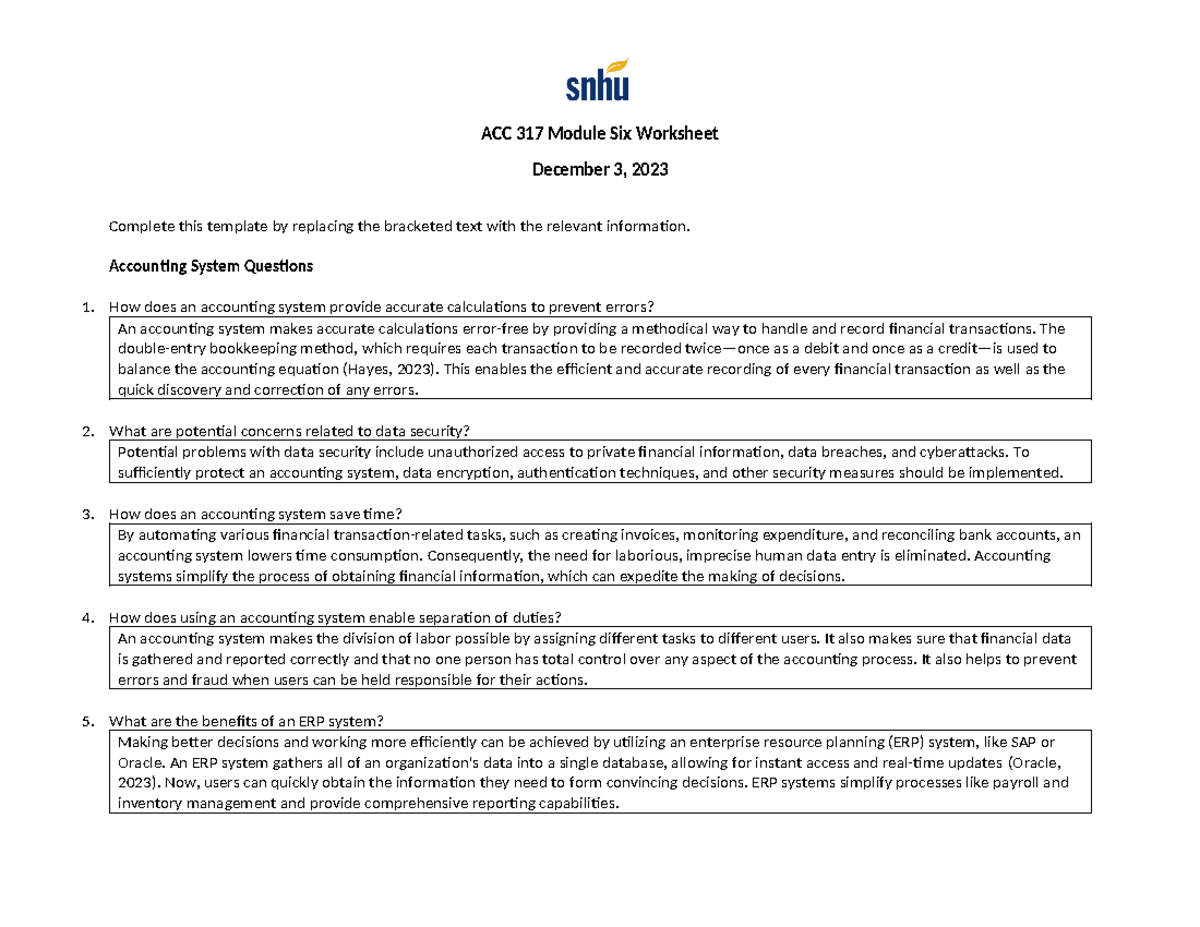 ACC 317 Module 6 Worksheet: Accounting System Questions & Answers - Studocu