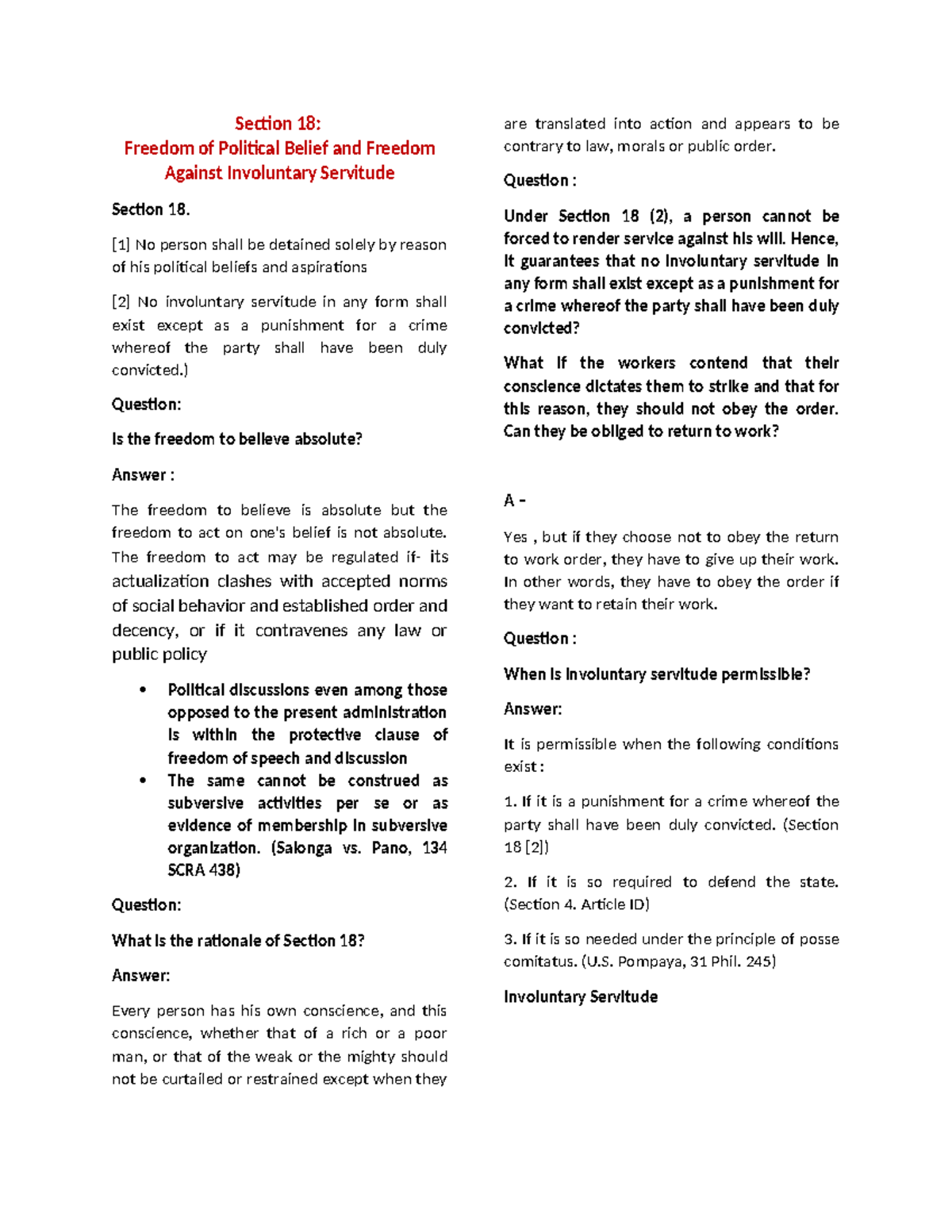 Section 18 - Consti 2 Final Exam Notes on Political Freedom & Servitude ...