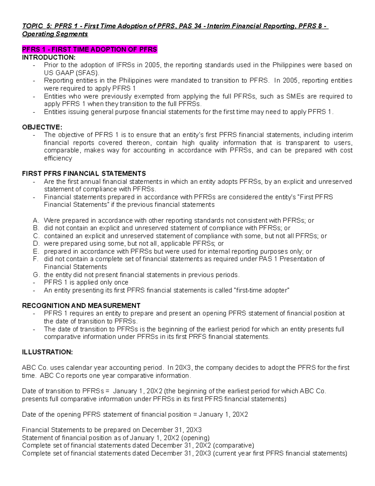 Topic 5 - PFRS 1, PAS 34 & PFRS 8 Notes for Financial Reporting - Studocu