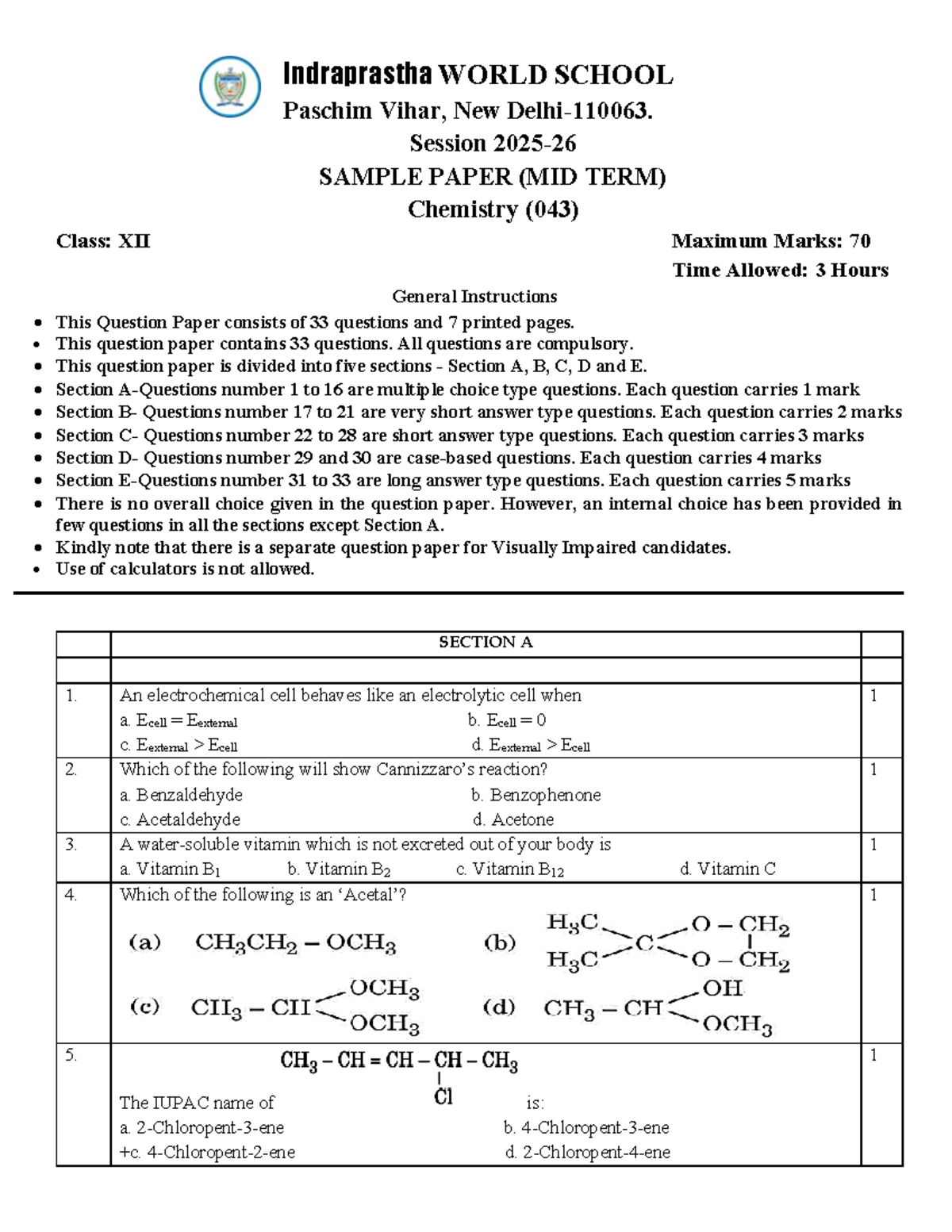 Chemistry Midterm Sample Paper (043) Class XII - Indraprastha World ...
