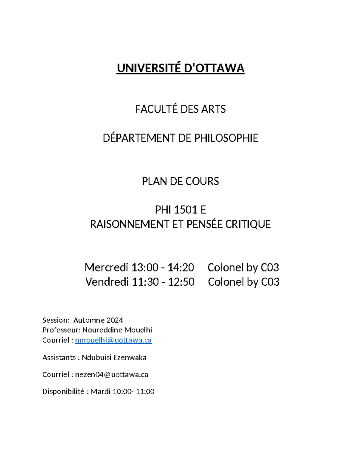 Plan de cours PHI1501 E - Raisonnement et Pensée Critique 2024 - Studocu