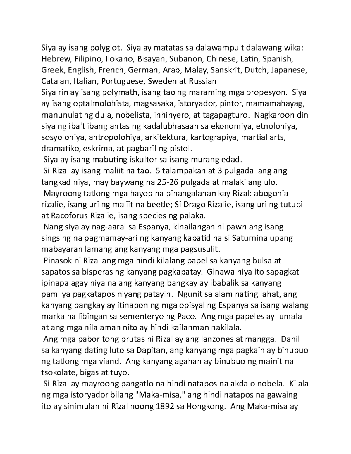 Rizal: Ang Polygot at Polymath na Bayani ng Pilipinas - Studocu