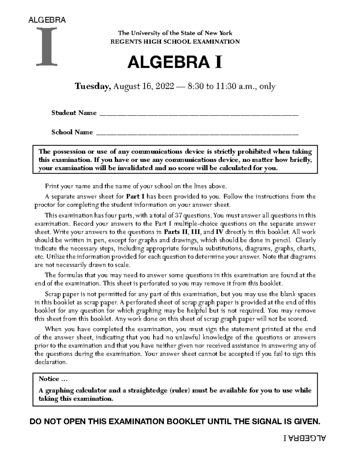 Algebra I Regents Exam - August 2022 Overview and Instructions - Studocu