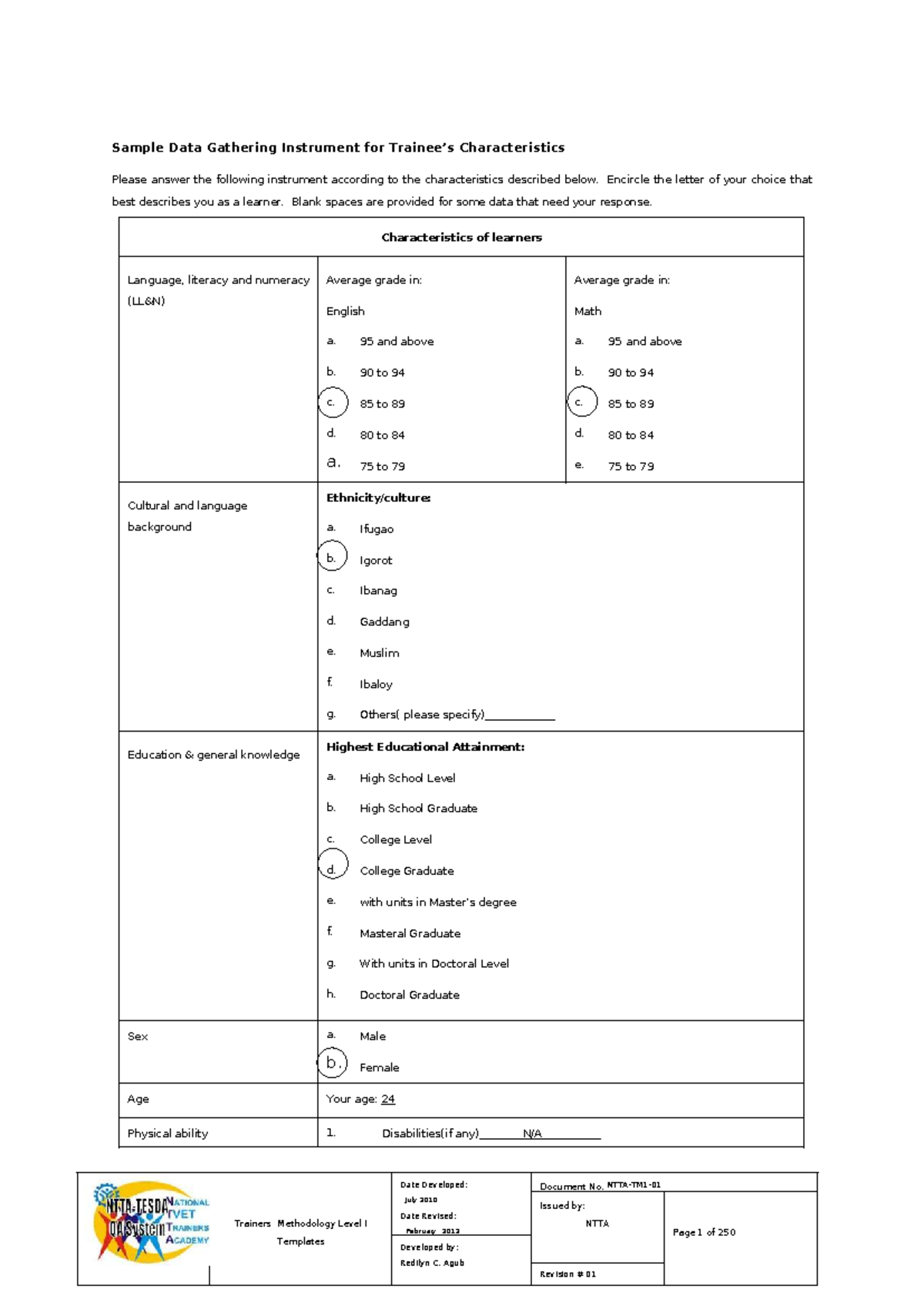 Sample Data Gathering Instrument for Learner Characteristics Analysis ...