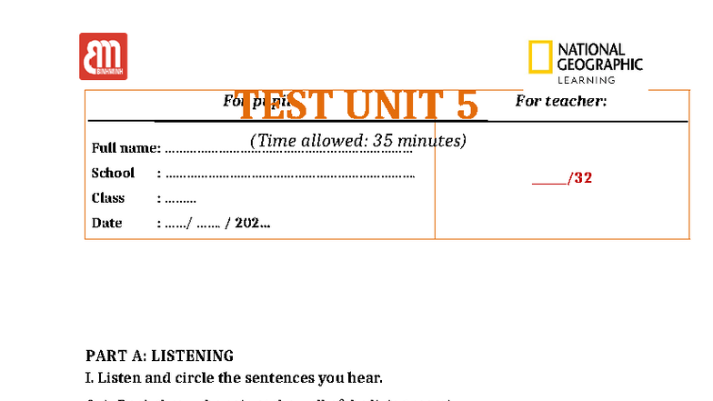 TA 5 - WW - Test Unit 5- 75% - For pupil: Full name: - Studocu