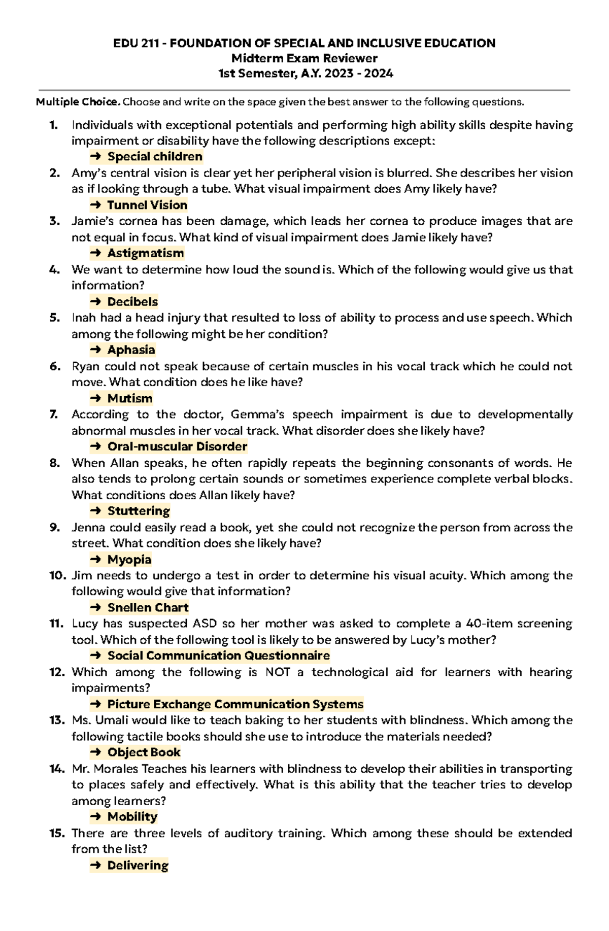 EDU-211 Midterm Exam Reviewer: Foundation in Exceptional Learners - Studocu