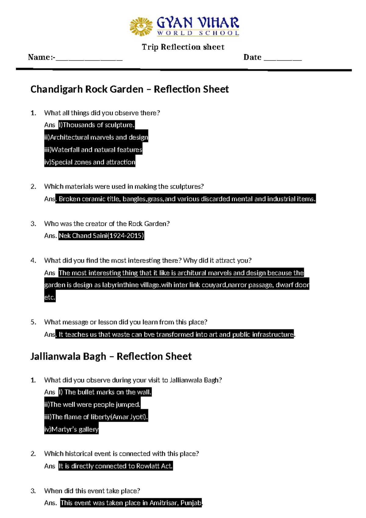 GVWS Trip Reflection Sheet: Chandigarh, Jallianwala Bagh & Golden ...