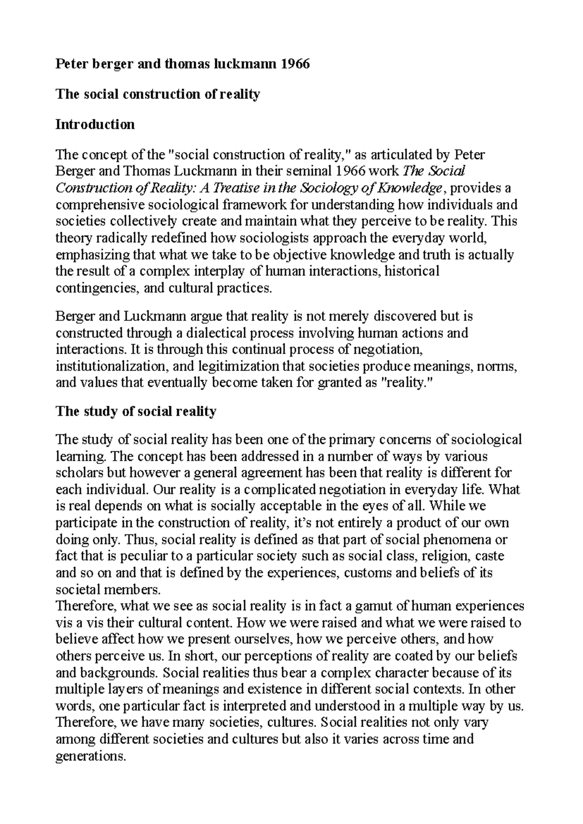 Unit 2: Peter Berger & Thomas Luckmann's Social Construction of Reality ...