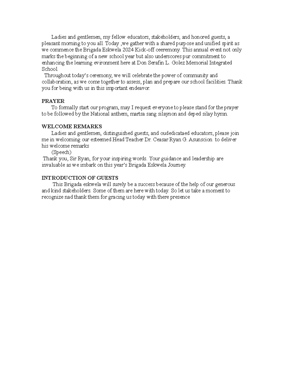 Brigada Eskwela 2024 Kick-off Ceremony Script - Studocu