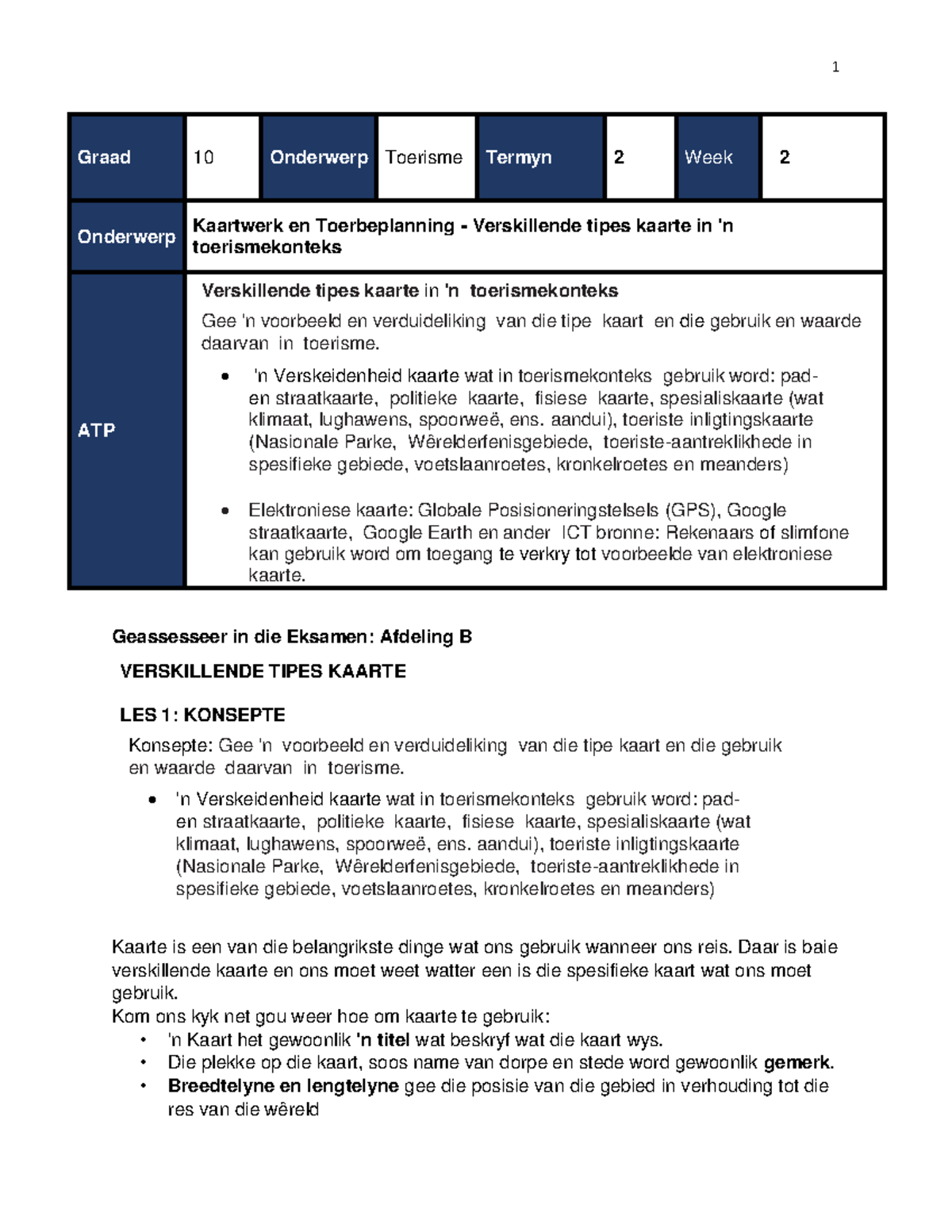 Soorte Kaarte en Toerisme Aktiwiteite - Graad 10 T2 - Studocu