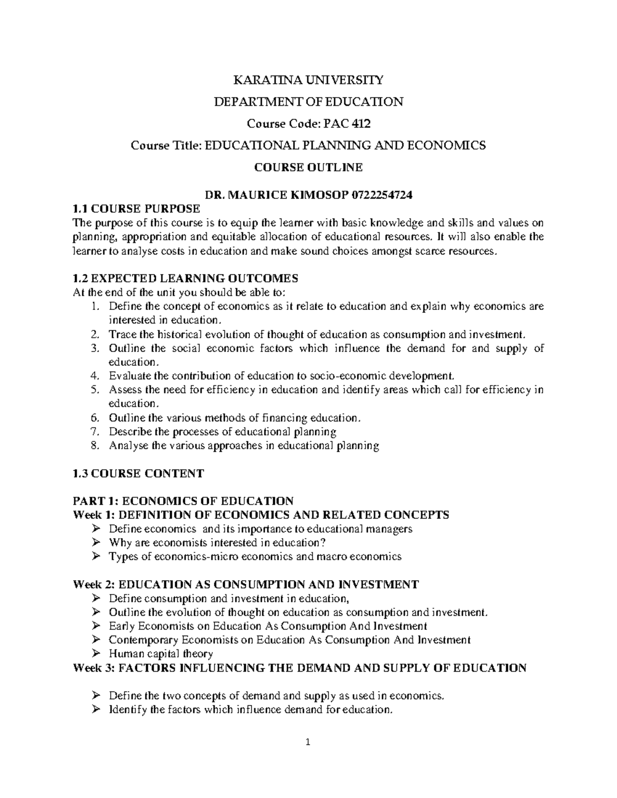 PAC 412 Educational Planning & Economics Course Outline - Studocu