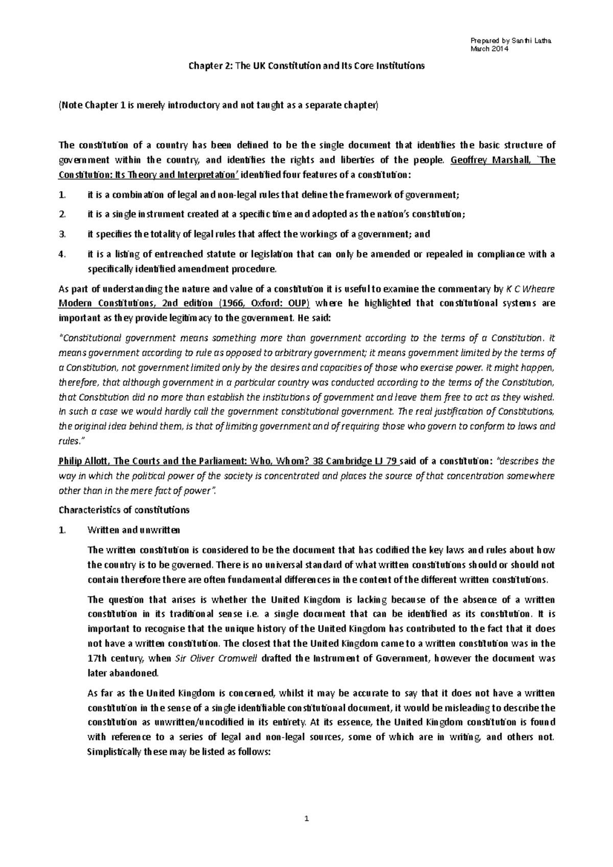 Chapter 2: The UK Constitution and Its Core Institutions - Studocu