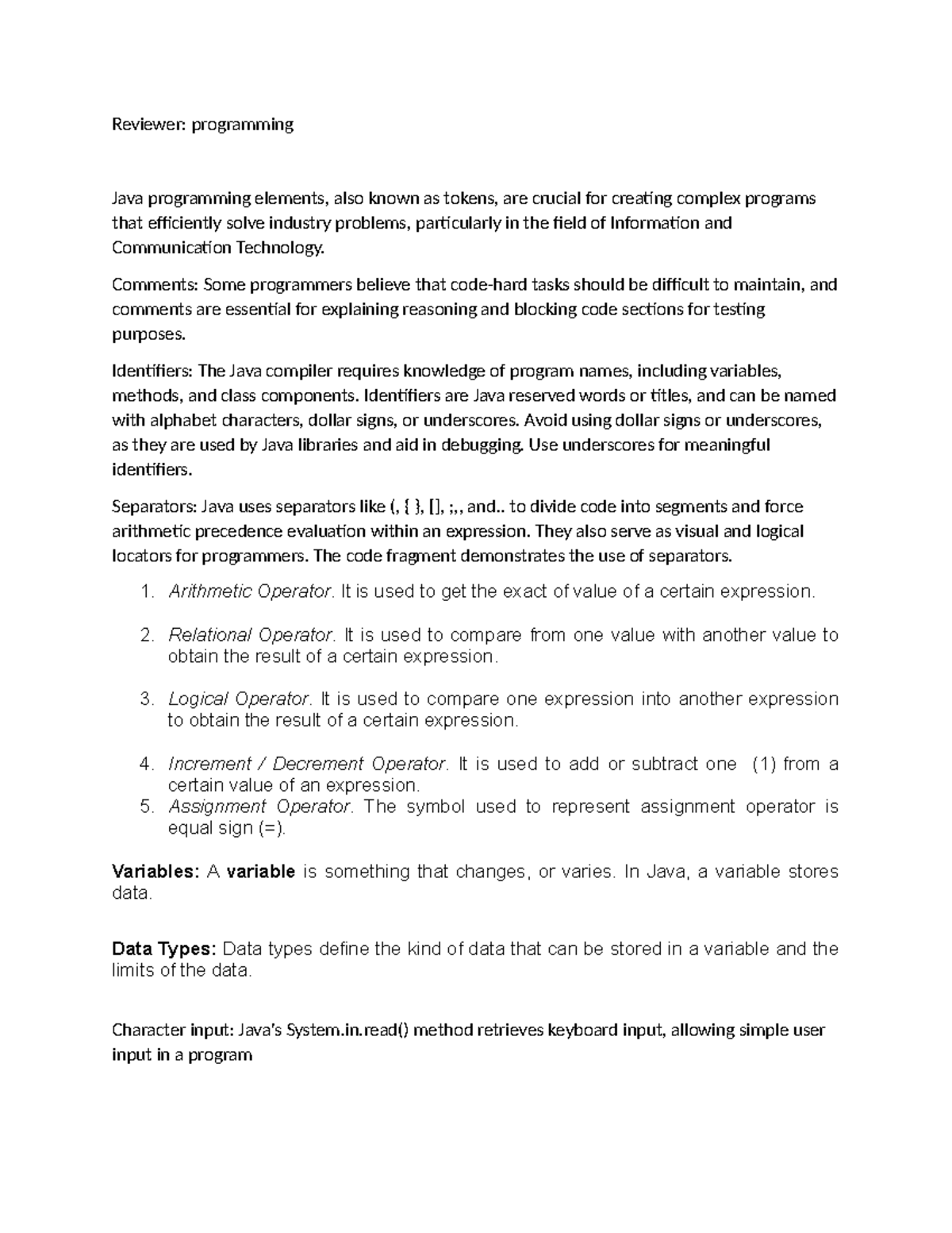 Reviewer - java - Reviewer: programming Java programming elements, also ...