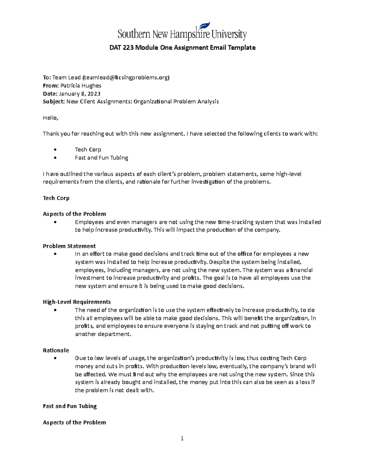 Module 1 Assignment Email Template - Hughes - DAT 223 Module One ...