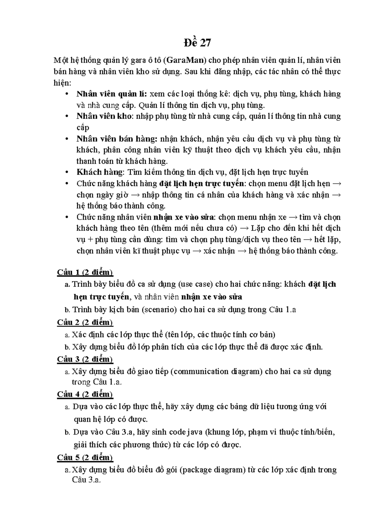 Đề 27: Phân tích hệ thống quản lý gara ô tô (GaraMan) - Studocu