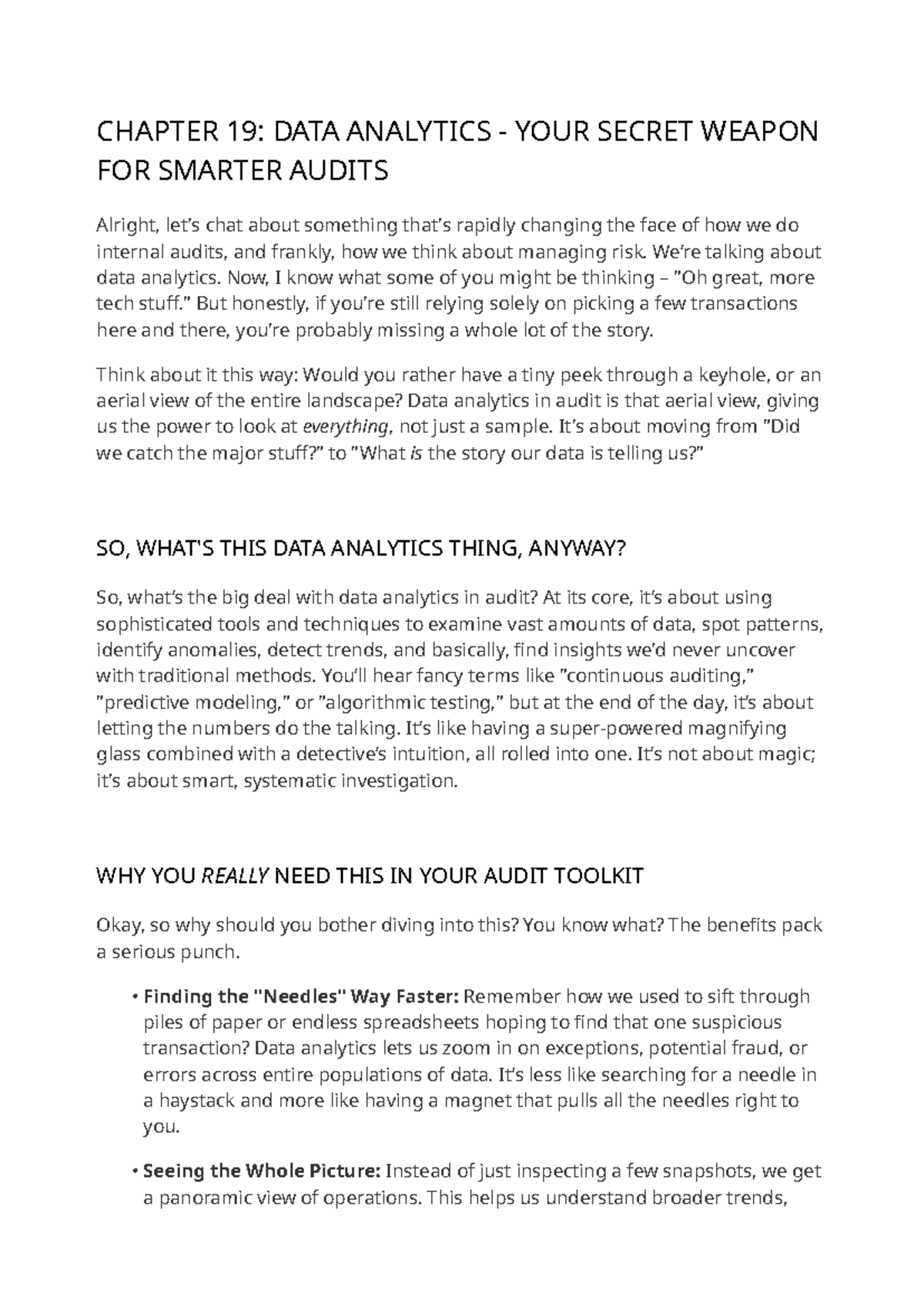 CHAPTER 19: DATA ANALYTICS IN AUDIT - ACC401 Insights and Tools - Studocu