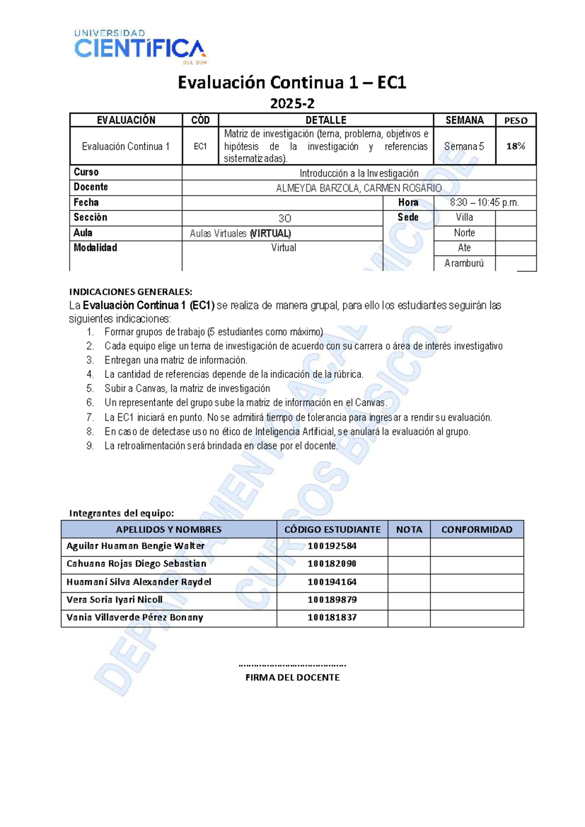 Matriz de Investigación y Evaluación Continua 1 EC1 - Introducción a la ...