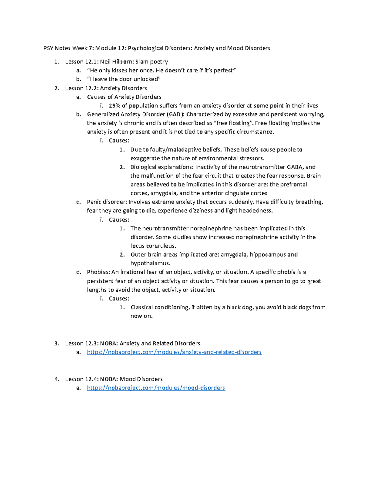PSY Notes Wk 7 Mod 12: Anxiety & Mood Disorders Overview - Studocu