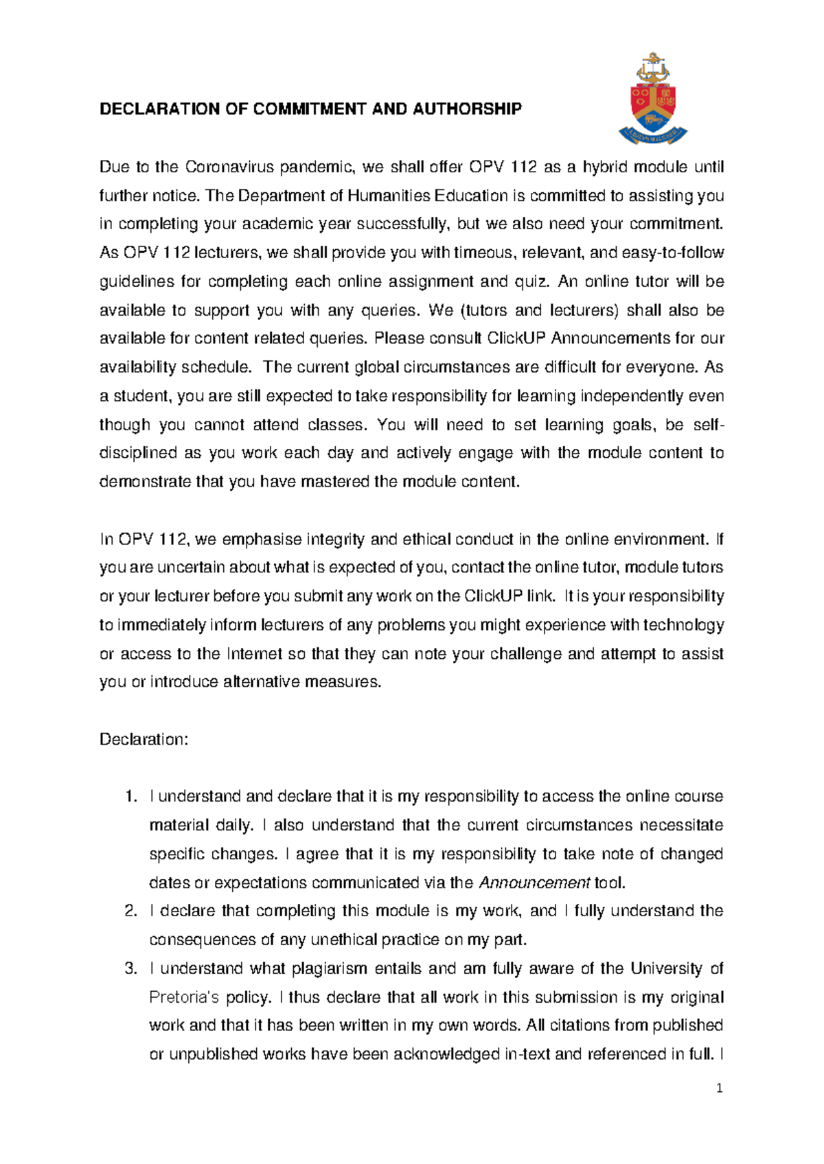 Theme 4 Assignment Outline OPV Semester - DECLARATION OF COMMITMENT AND ...