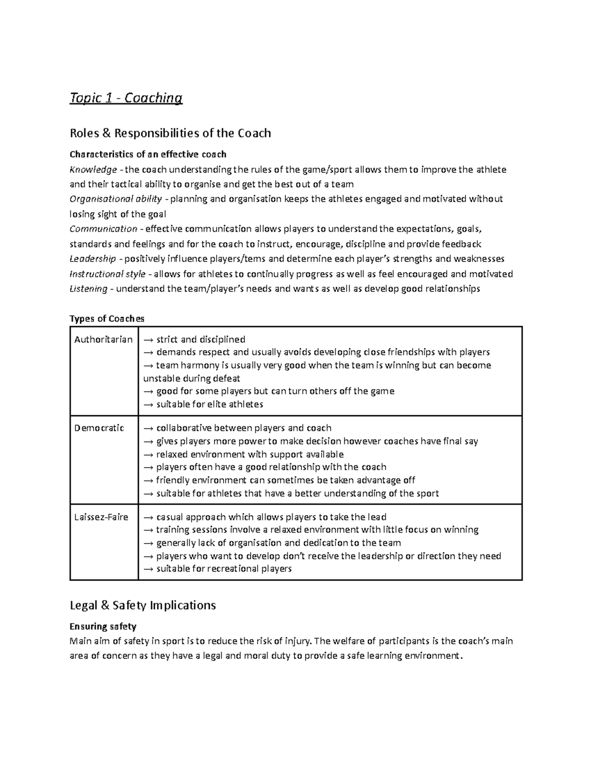 SLR Yearly Notes: Coaching Roles, Responsibilities, and Safety in ...